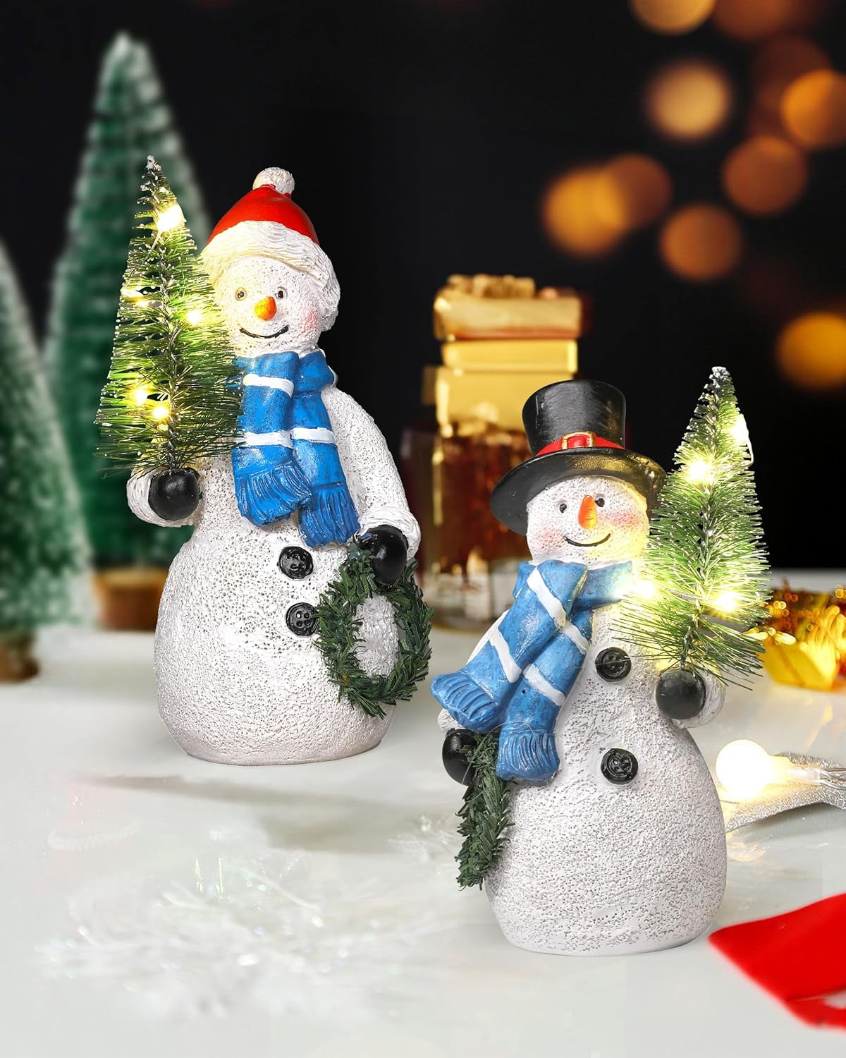 CF Resin Snowmen Figurines with Lighted Christmas Tree and Wreath 5 ...