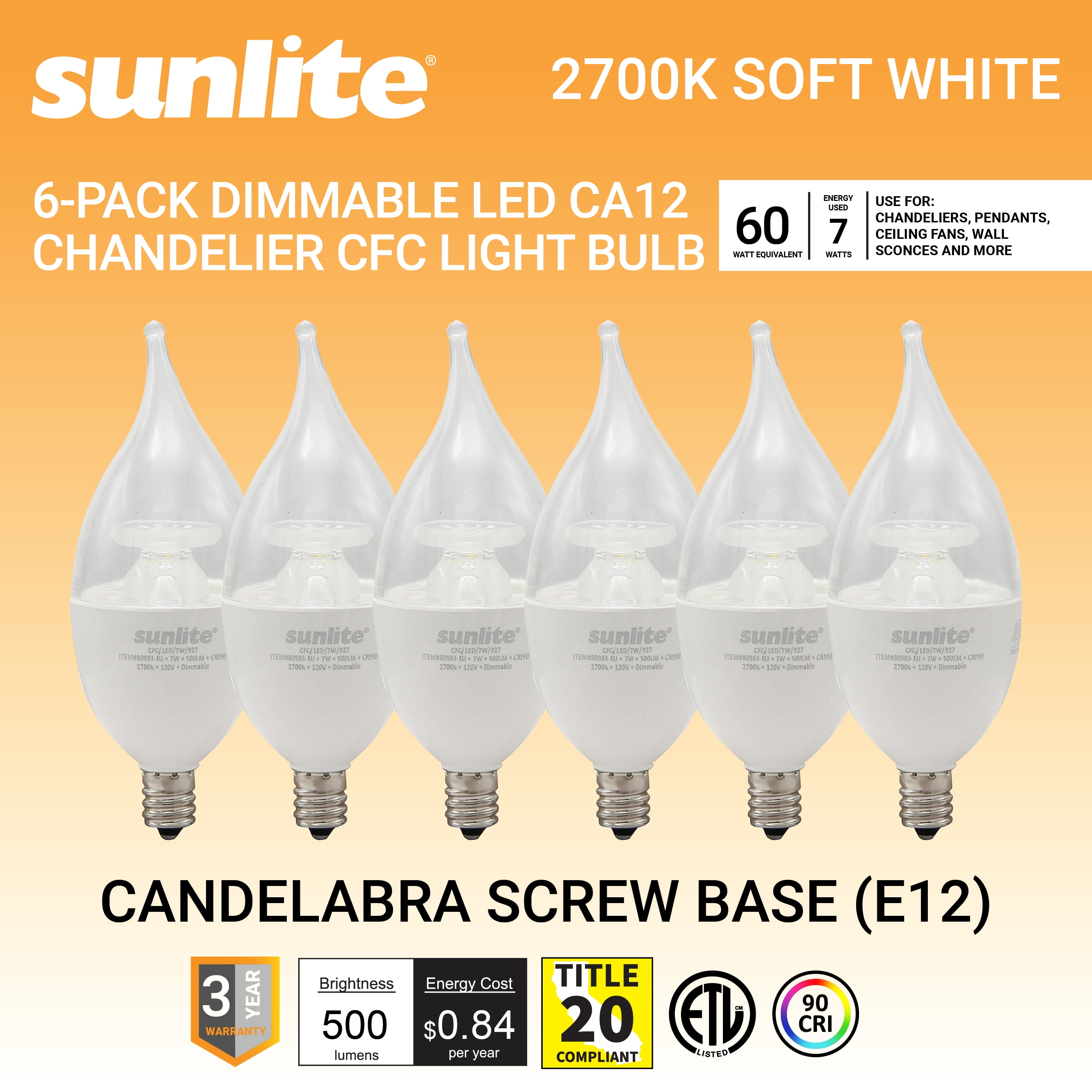 Sunlite LED CA12 Clear Chandelier CFC Light Bulb, 7 Watts (60W=), 500 Lm, 120V, Dmimmable, E12 ...