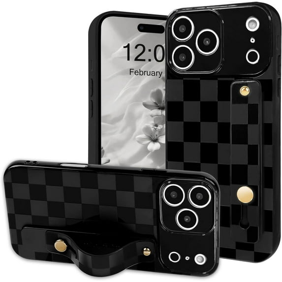 CFHADD-Compatible for iPhone 17 Pro Case with Wrist Strap Kickstand Cute Trendy Checkerboard ...