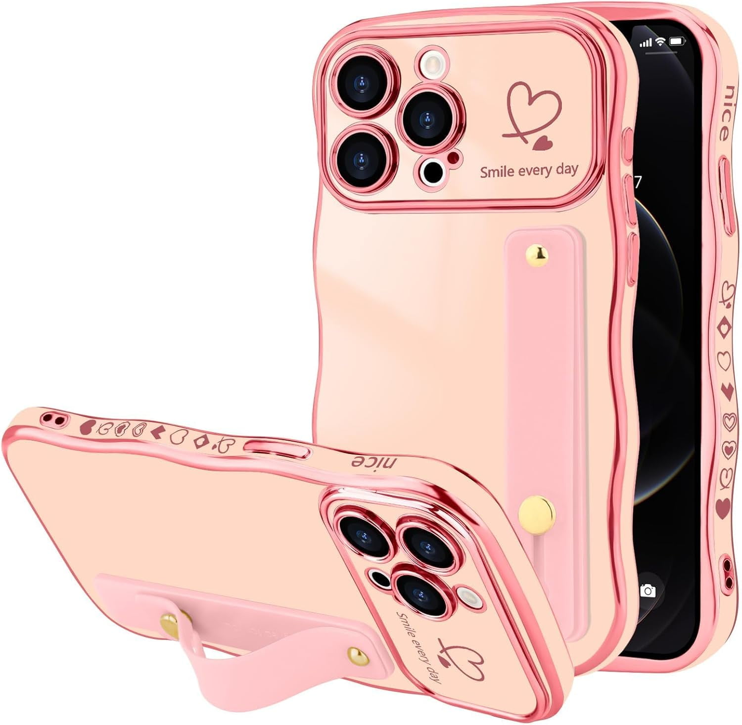 CFHADD-for iPhone 12 Pro Max Case for Women Girls with Strap, Wave Frame Cute Love-Heart Plating ...