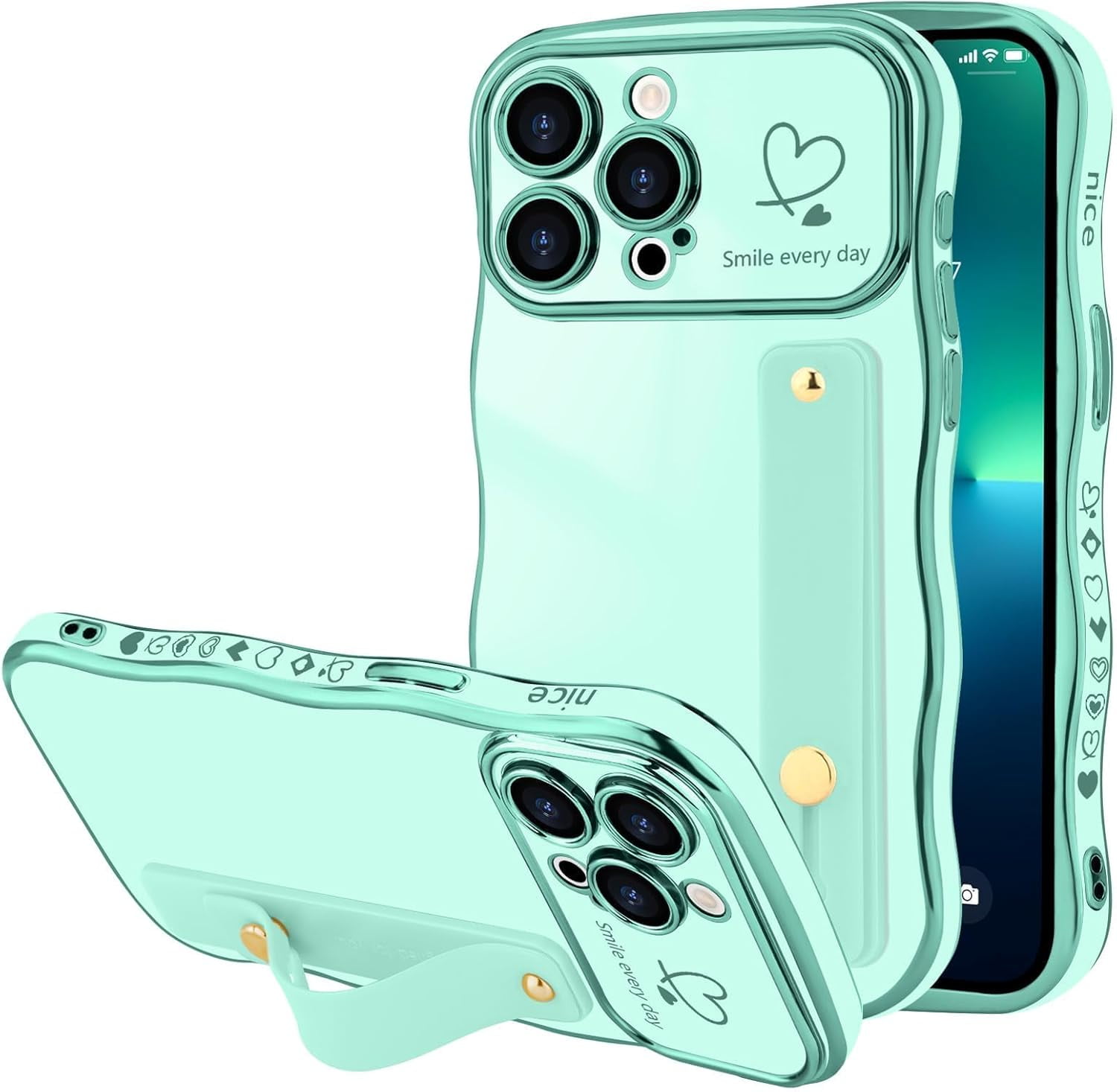 CFHADD-for iPhone 13 Pro Case for Women Girls with Strap, Wave Frame ...