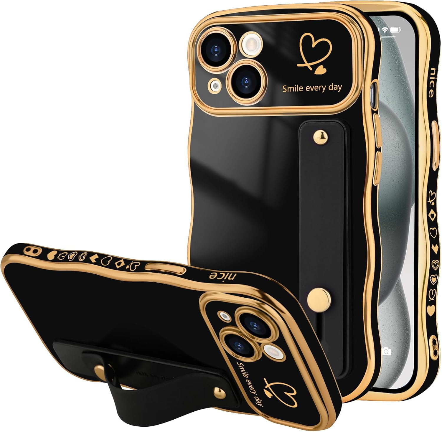 CFHADD-for iPhone 15 Case for Women Girls with Strap, Wave Frame Cute Love-Heart Plating Luxury ...