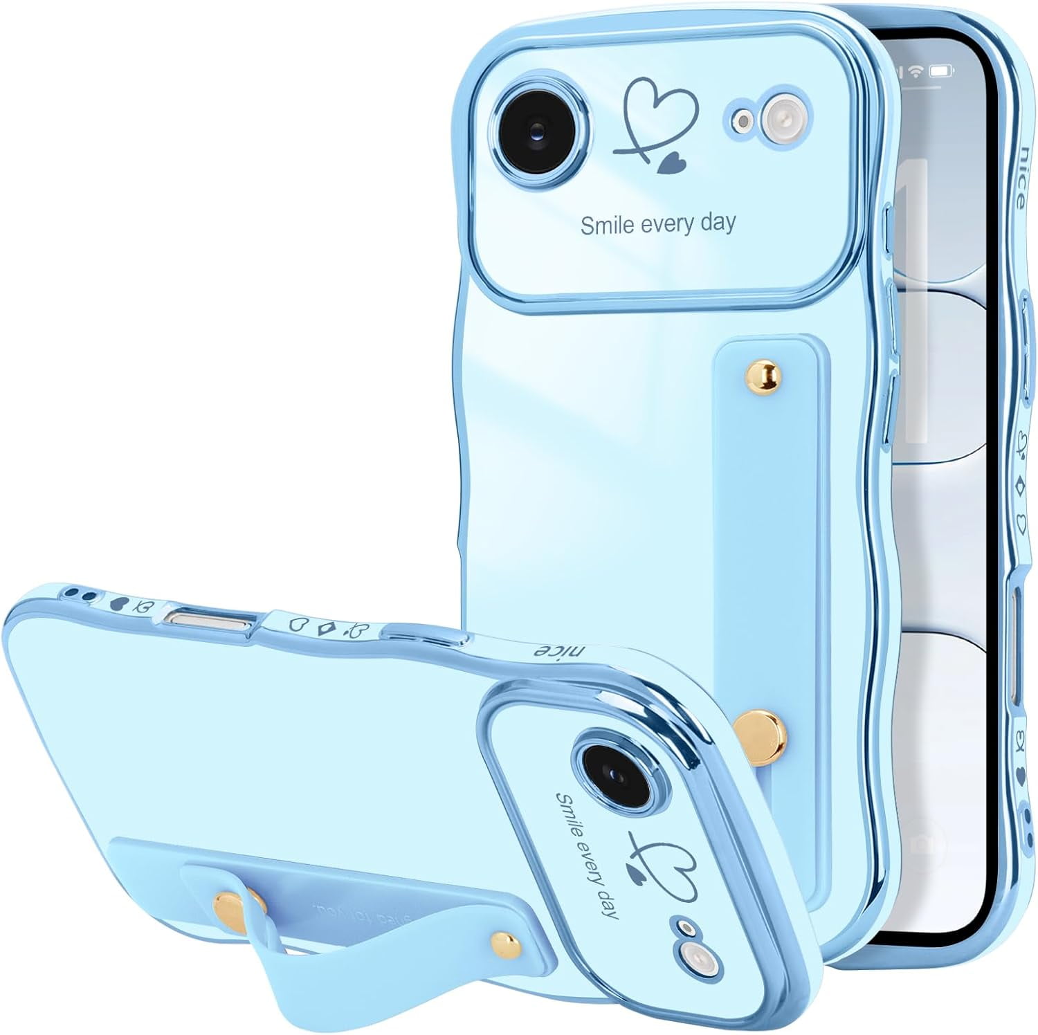 CFHADD-for iPhone Air Case for Women Girls with Strap Wave Frame Cute Love-Heart Plating Bling ...