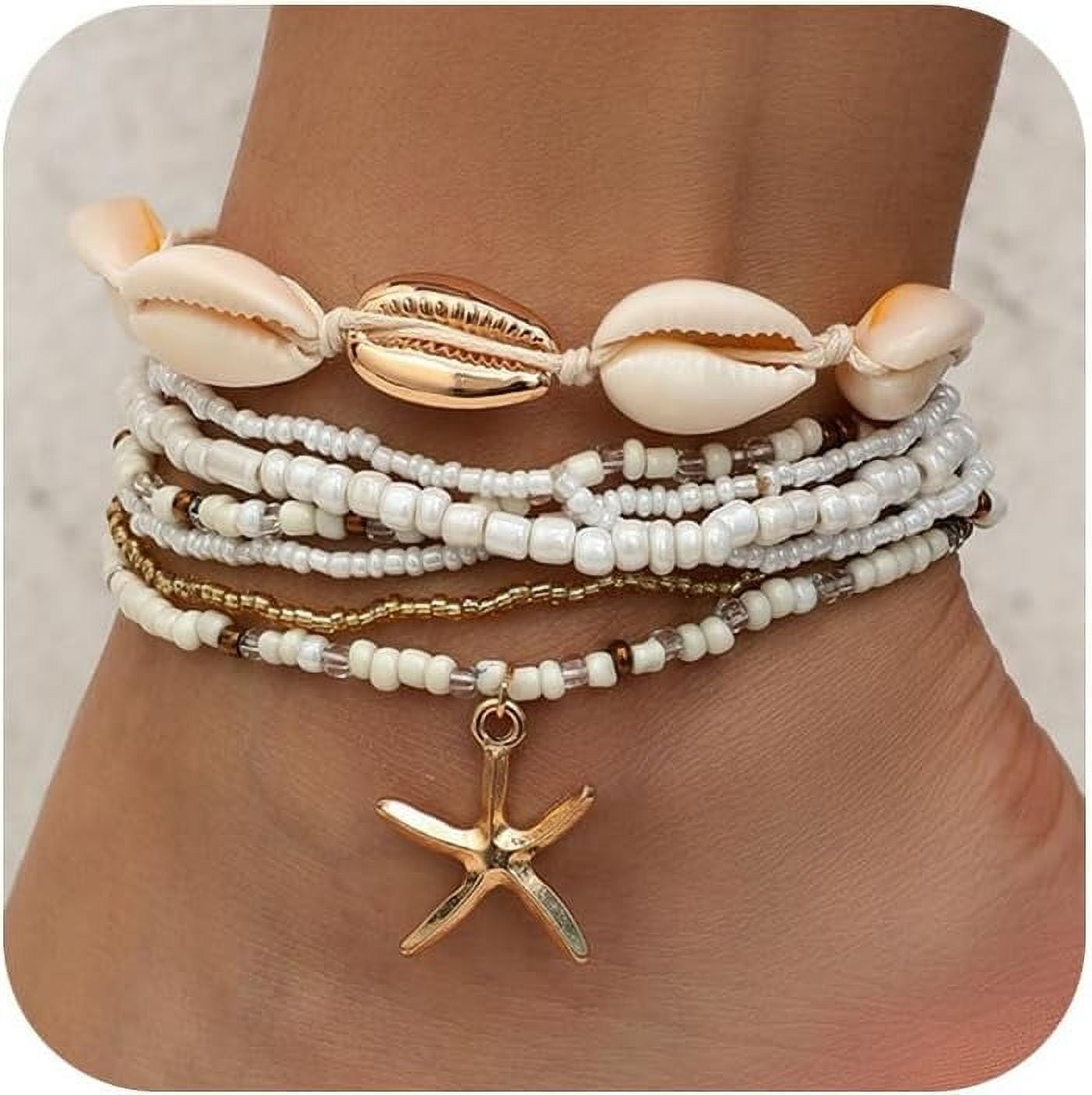 CFIOZYOS Ankle Bracelet Set for Women, Gold Boho Bead Adjustable Anklet, Beach Pearl Heart ...