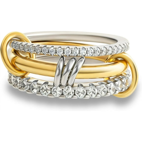 4 Pack Interlocked Stackable Rings for Women - 14K Gold Plated Statement 4 Mixed Metals Multi ...