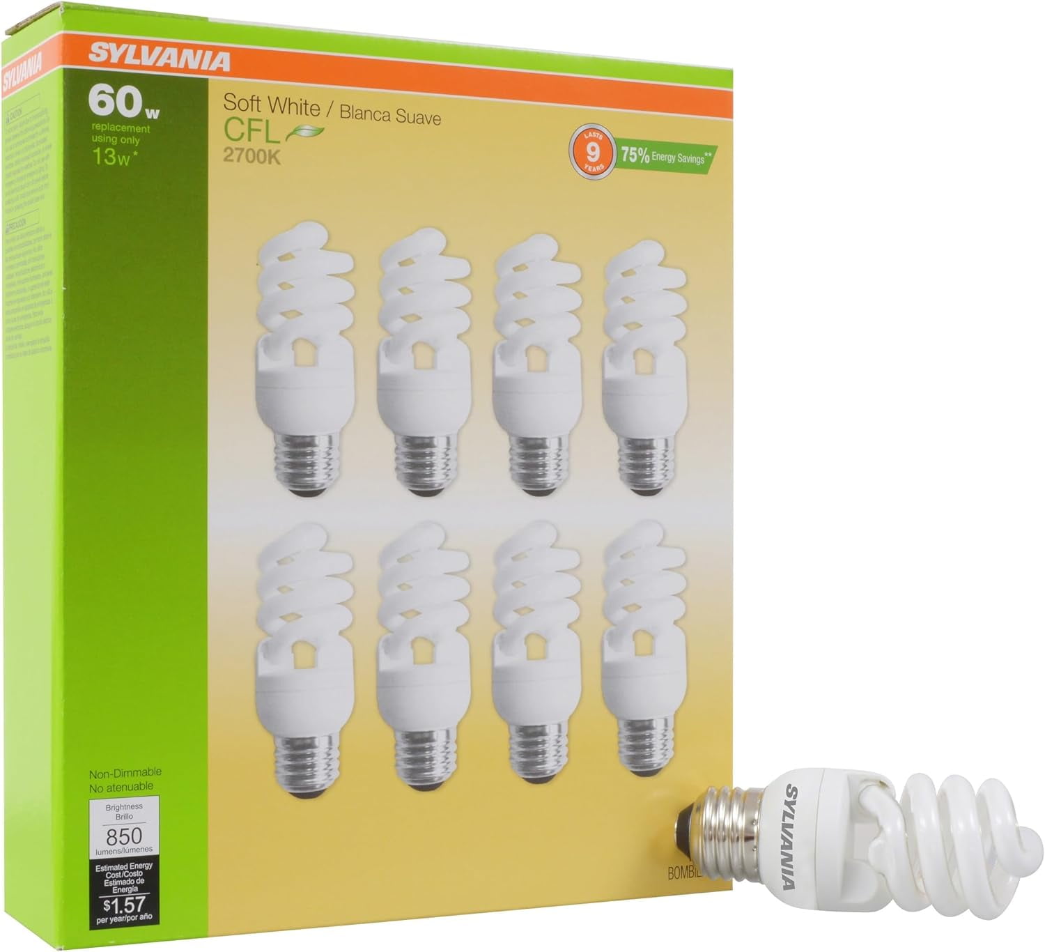 CFL T2 Twist Light Bulb, 60W Equivt, Efficient 13W, 850 Lume, Medium Base, 2700K, Soft White - 8 ...