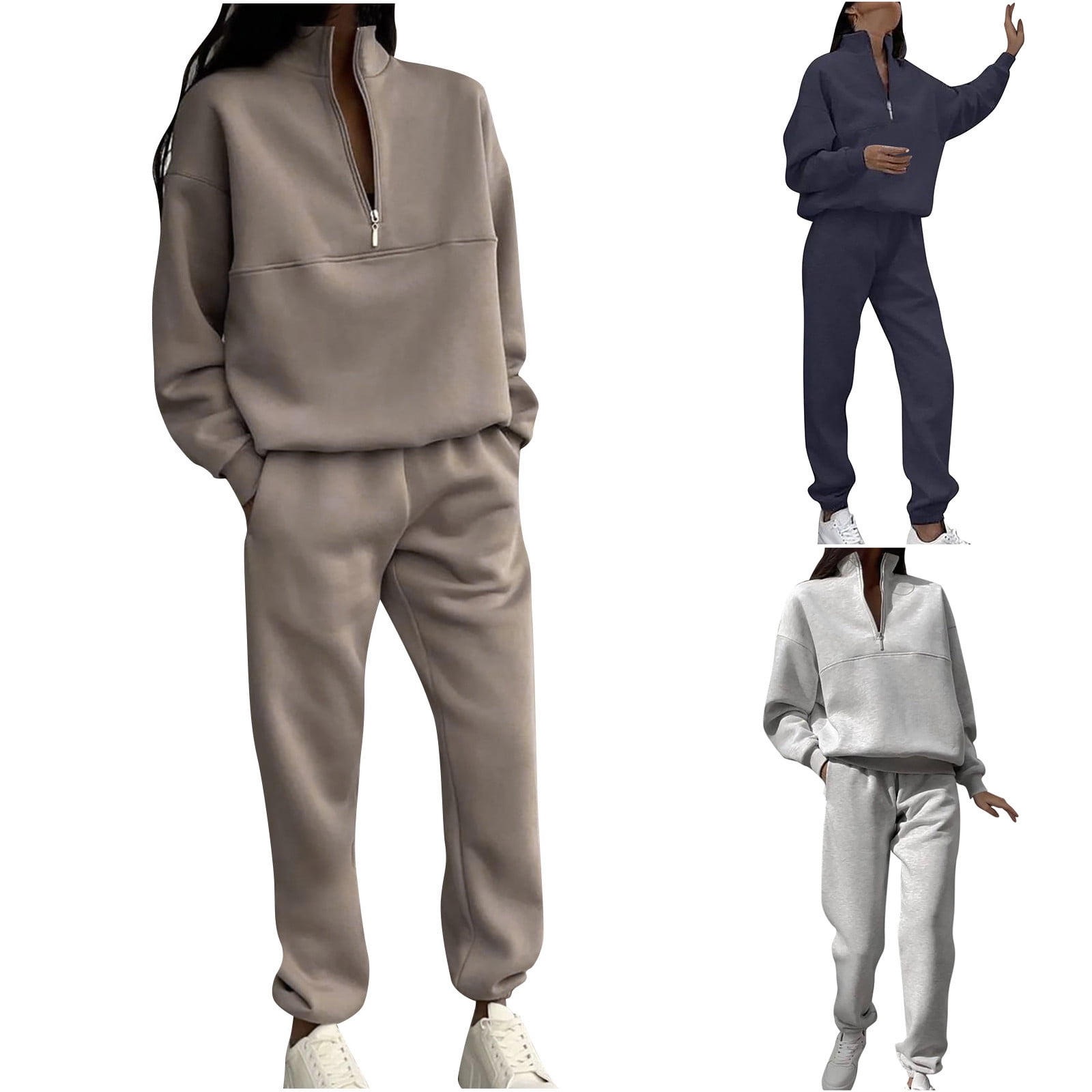 CFLVAEK 2 Piece Sweatsuits Women Half Zip Lapel Sweatshirts High Waist ...