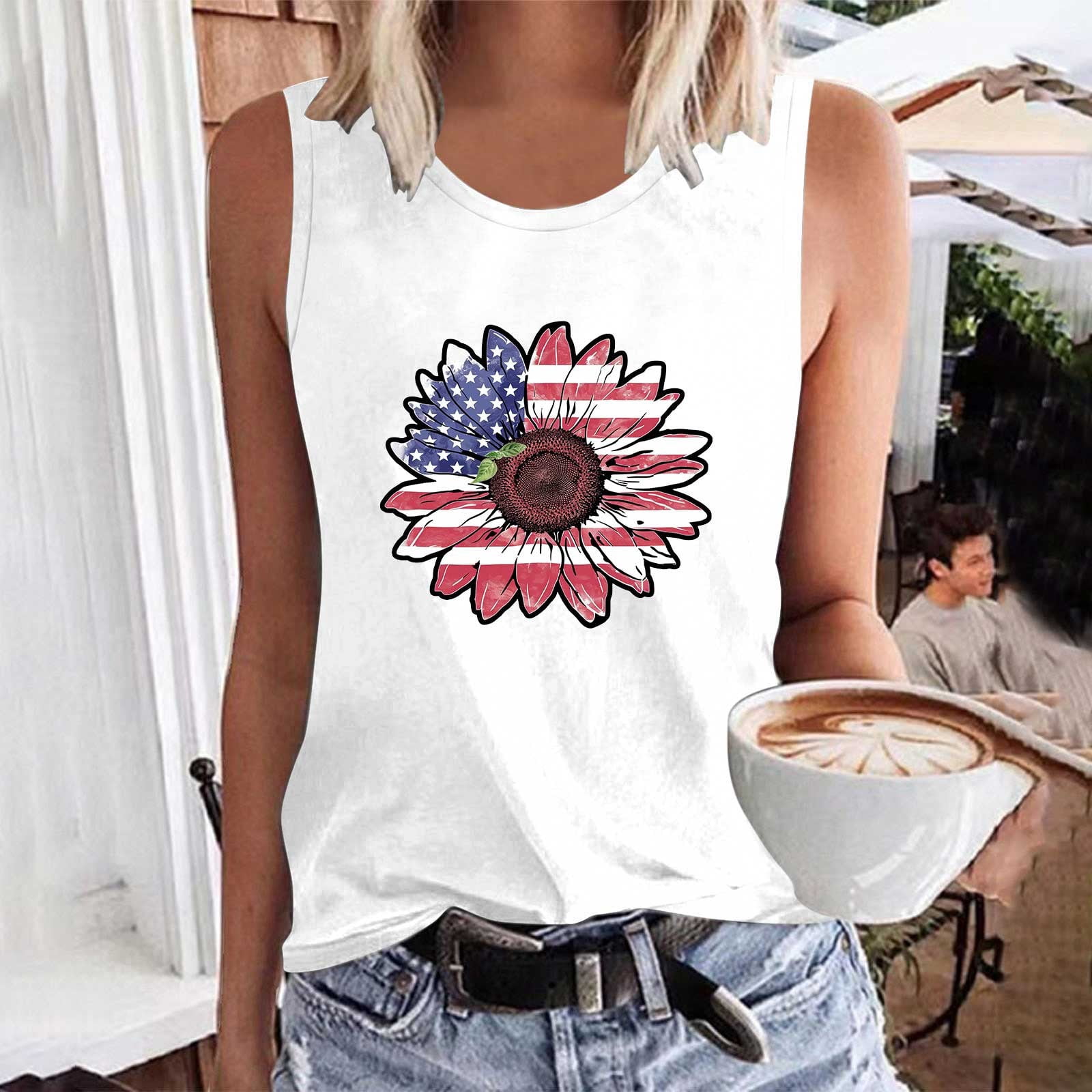 CFLVAEK 4th of July Tank Top for Women Fashion Sunflower American Flag ...