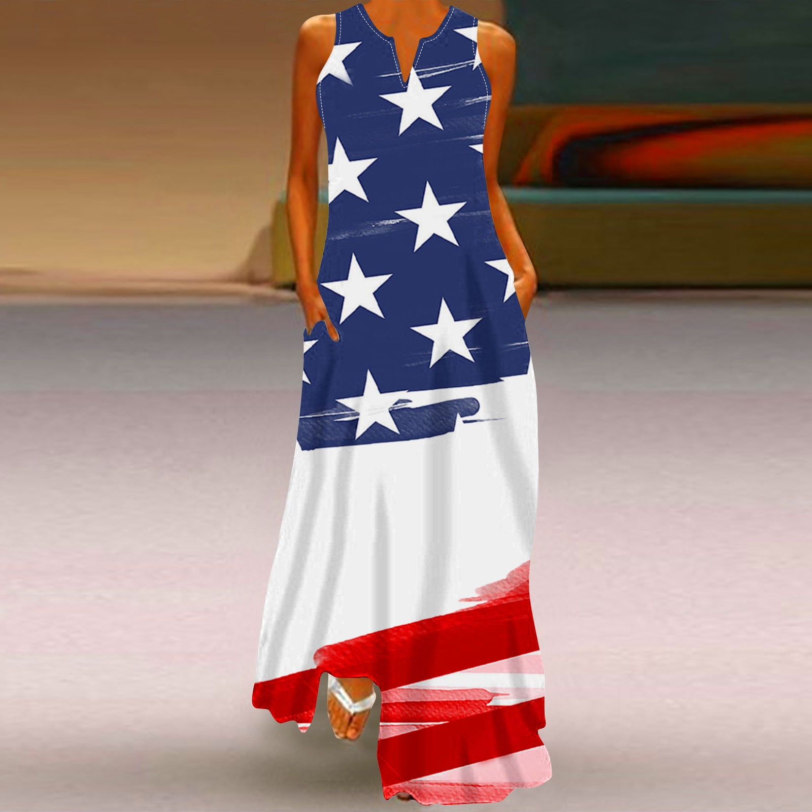 CFLVAEK American Flag Maxi Dress for Women with Pockets Fourth of July ...