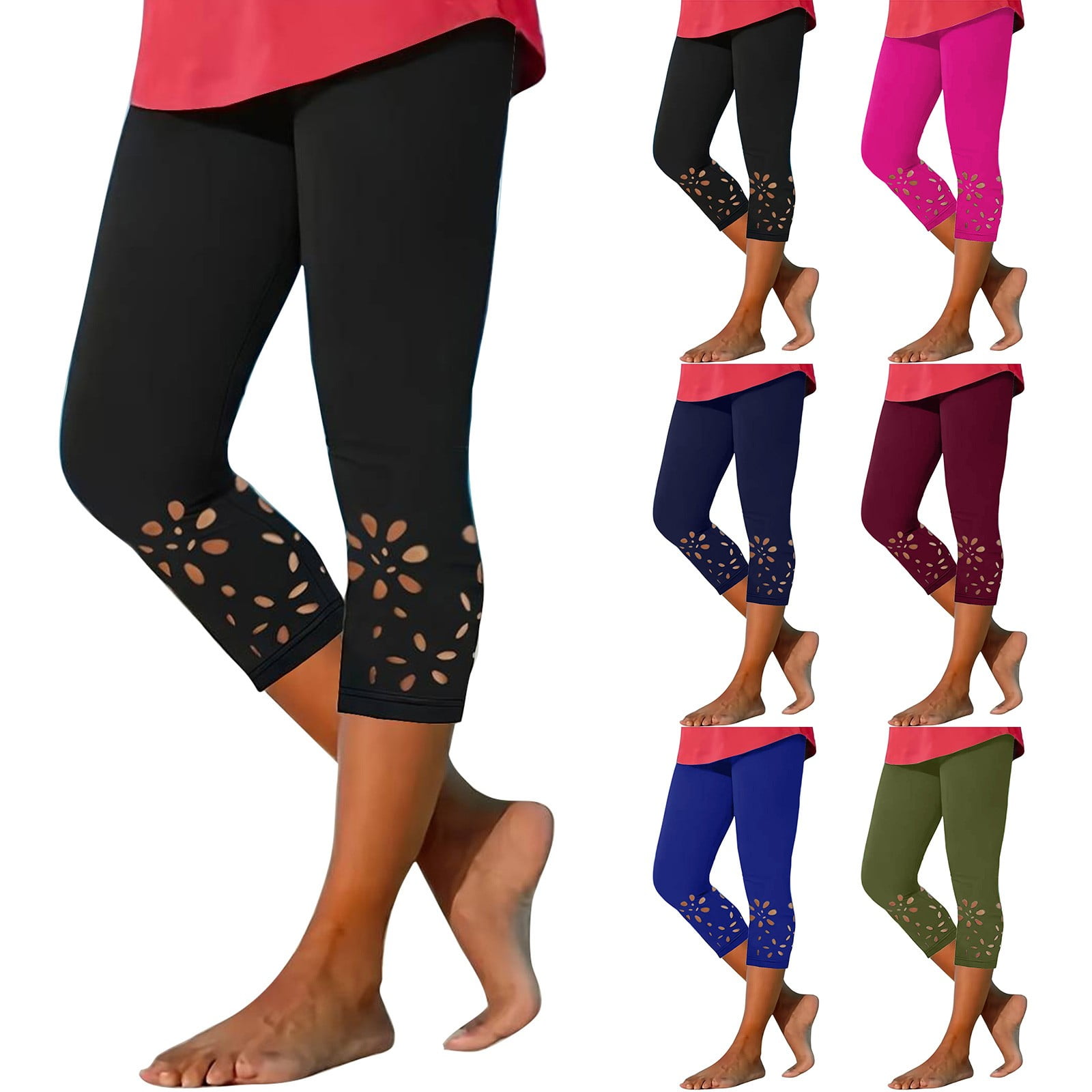 CFLVAEK Capri Leggings for Women Casual Flower Hollow Out Yoga Leggings Slim High Waisted Summer ...