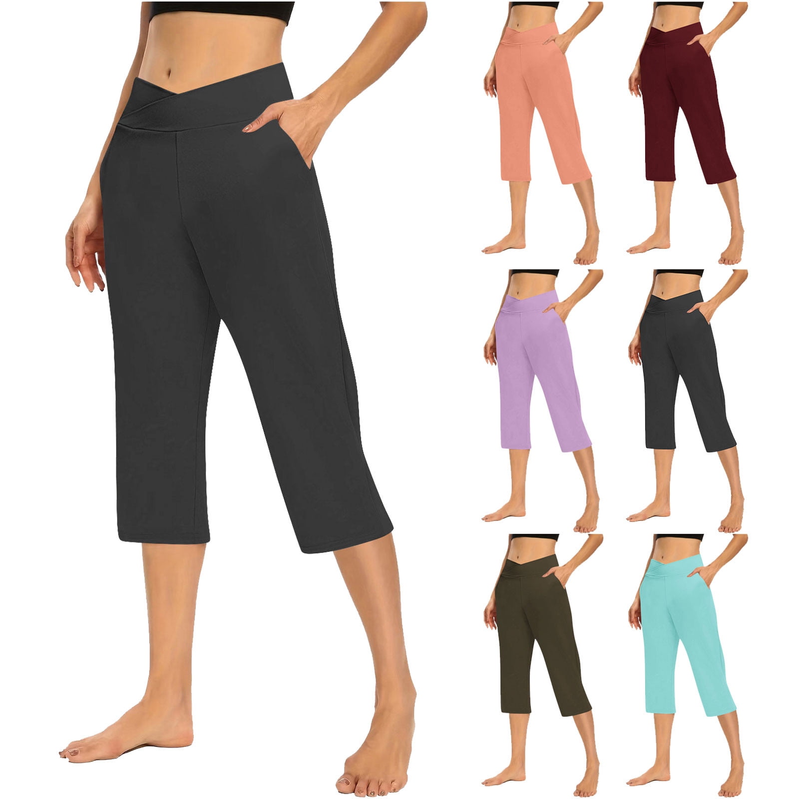 CFLVAEK Capri Leggings for Women with Pockets Plus Size V Cross Yoga Pants Comfy Stretch Wide ...