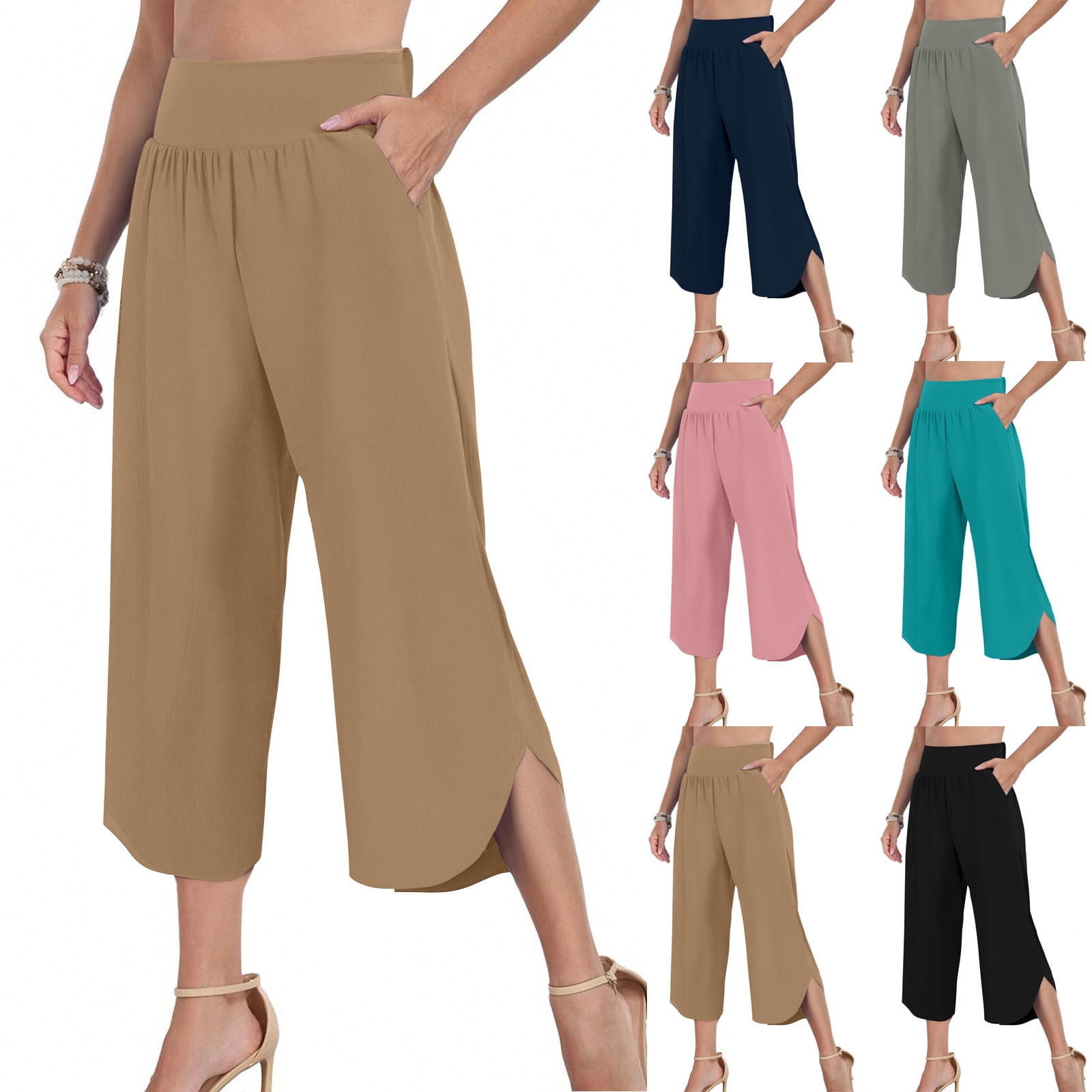 CFLVAEK Capri Pants for Women Dressy Casual Split Hem Capri Pant ...