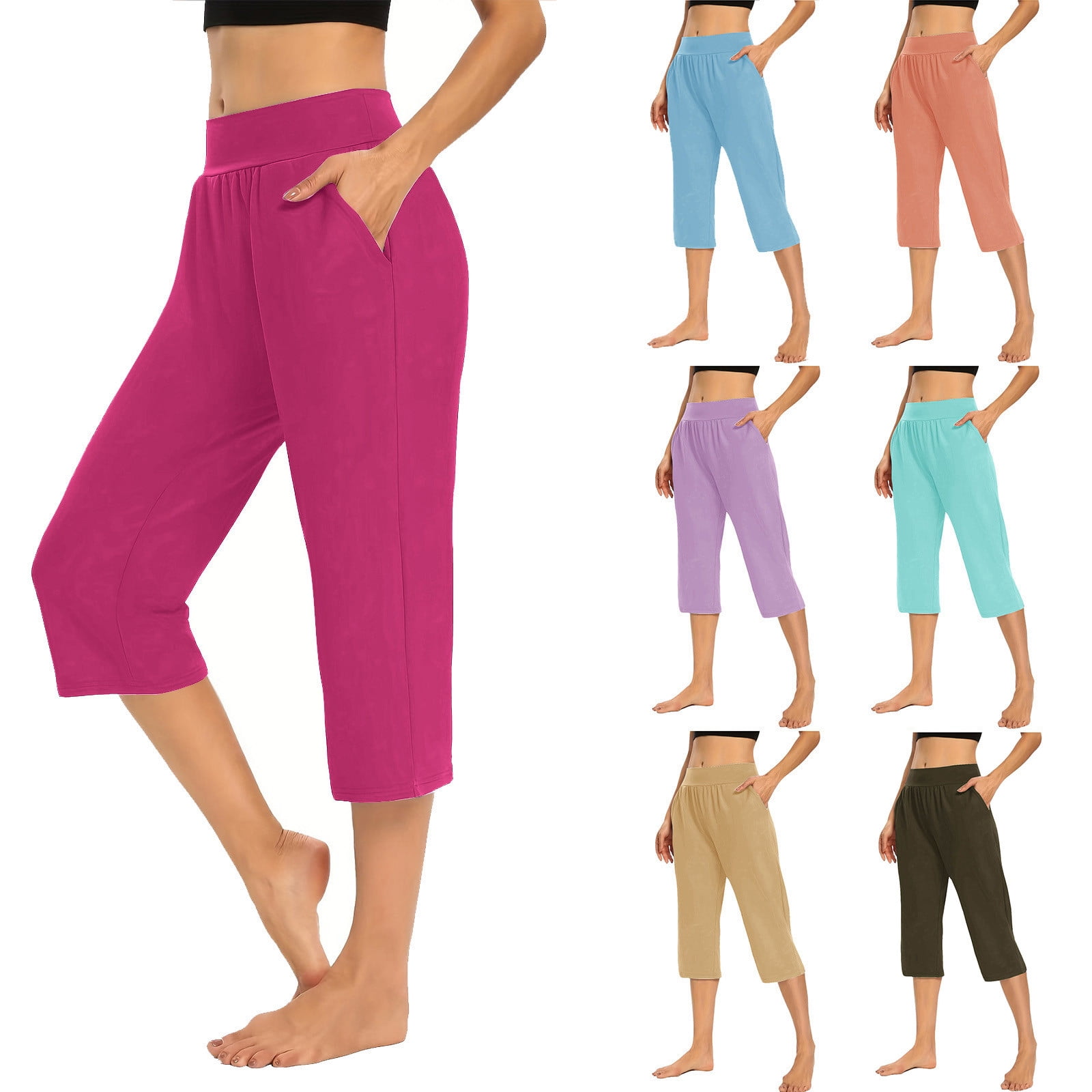 CFLVAEK Capri Pants for Women Plus Size with Pockets Loose Fit Wide Leg ...