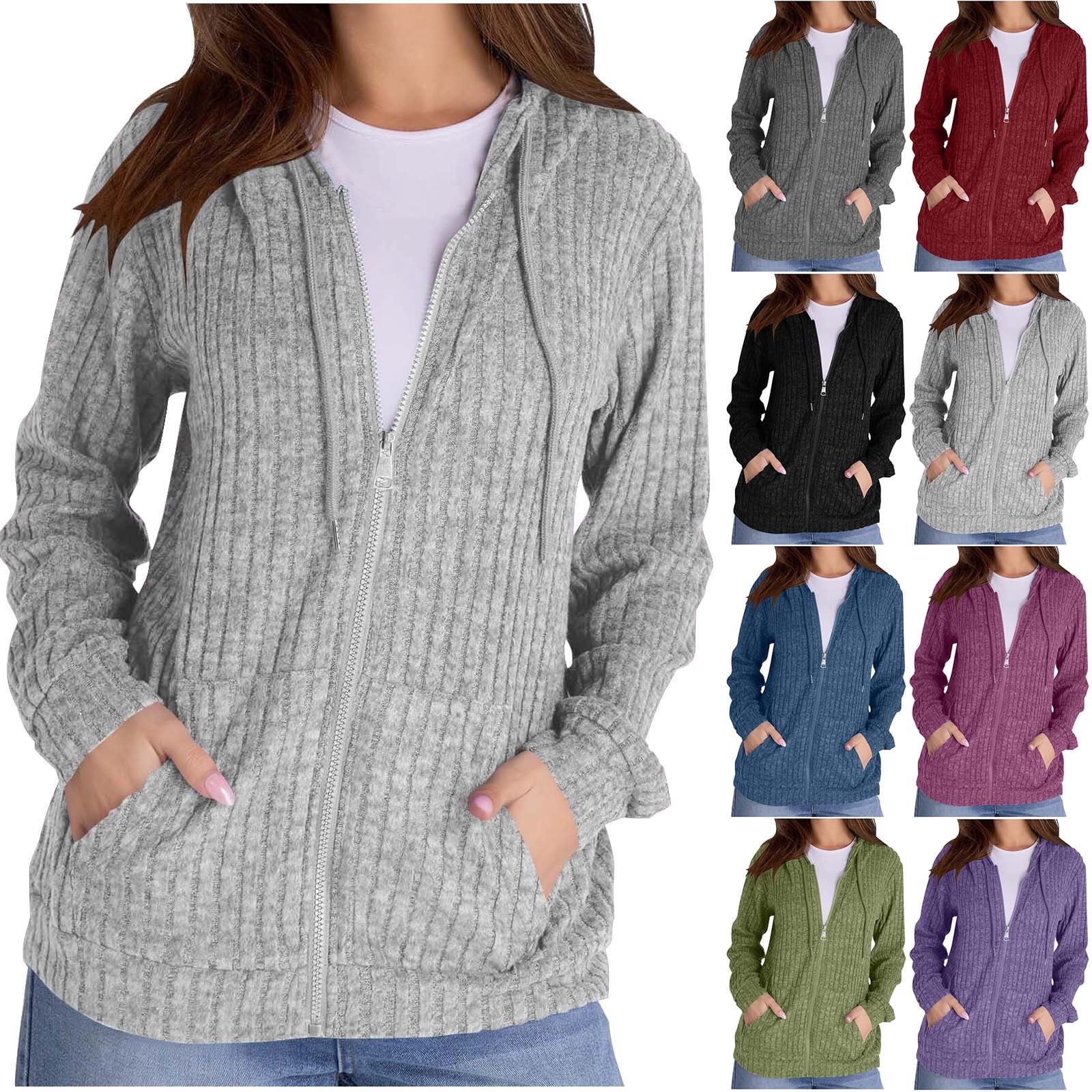 CFLVAEK Cardigan Sweaters for Women with Hood Ribbed Knit Zip Up Coat ...