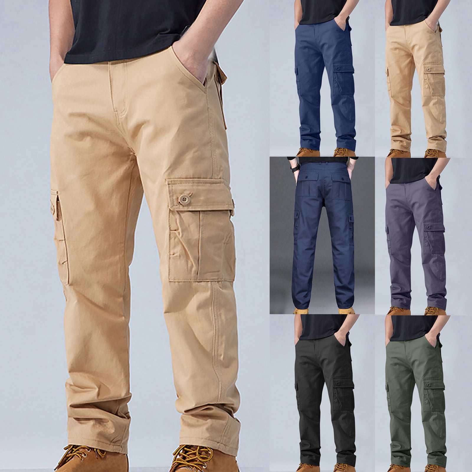 CFLVAEK Cotton Cargo Pants for Men Loose Fit Straight Wide Leg Cargo Hiking Pant with Multi ...