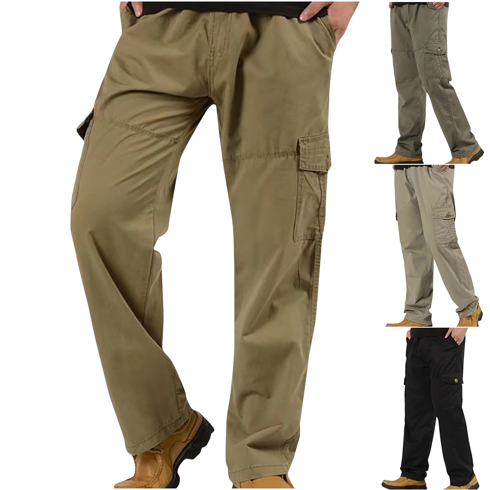 CFLVAEK Cotton Cargo Pants for Men with Elastic Waist Big and Tall Wide Leg Cargo Hiking Pant ...
