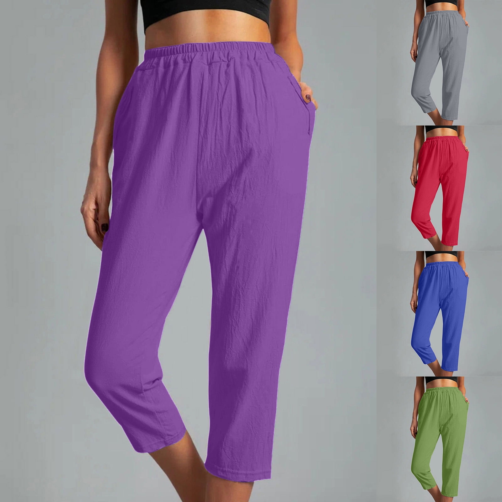 CFLVAEK Cotton Linen Capri Pant Women Plus Size Elastic High Waisted ...