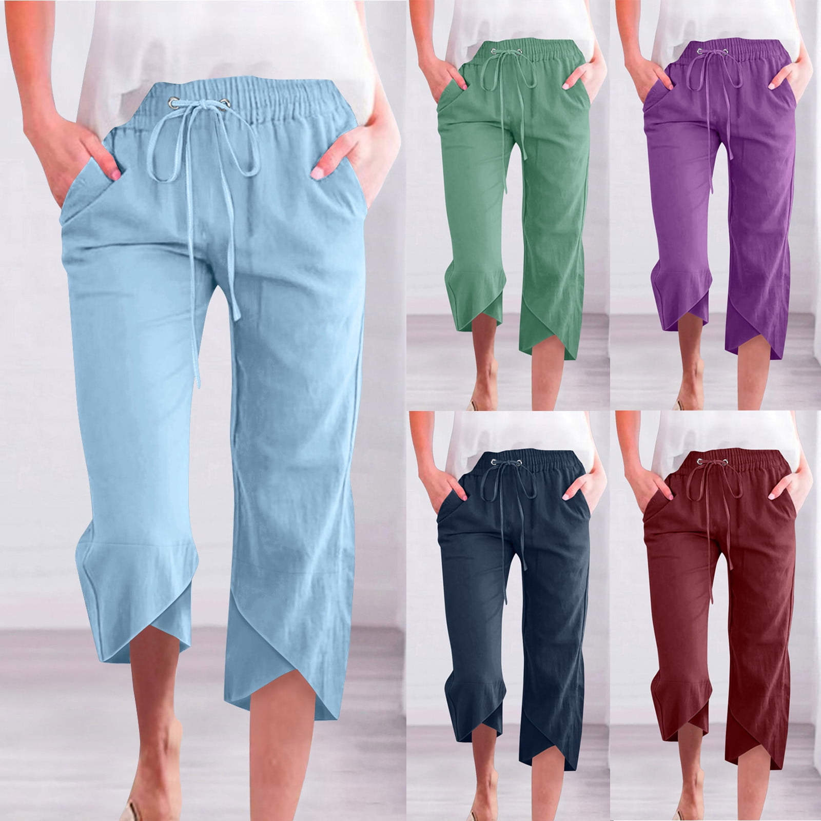 CFLVAEK Cotton Linen Capri Pants for Women Plus Size High Waisted ...