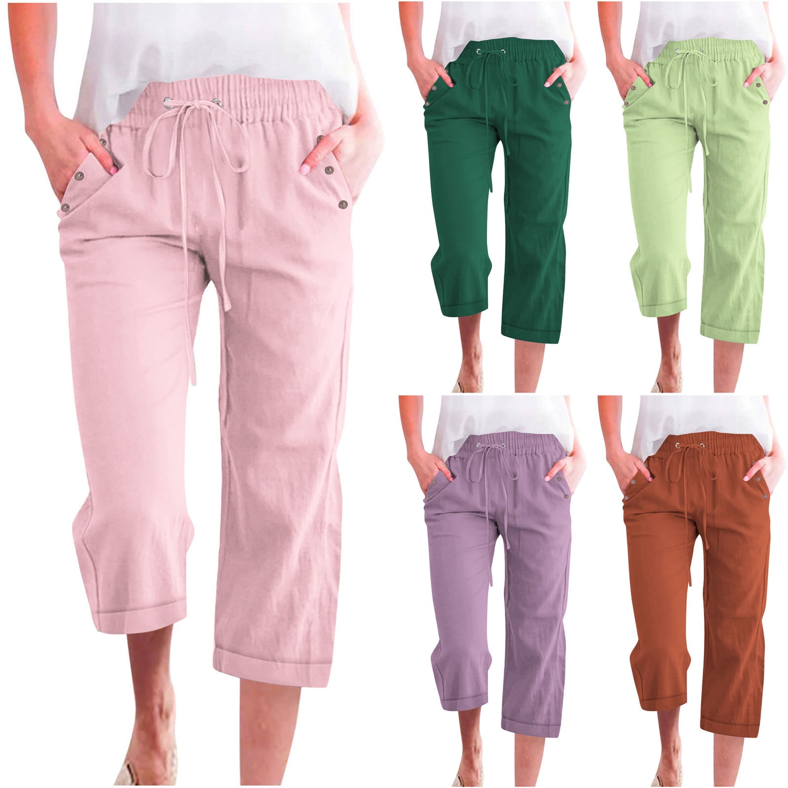 CFLVAEK Cotton Linen Capris for Women Loose Fit Cropped Trousers ...