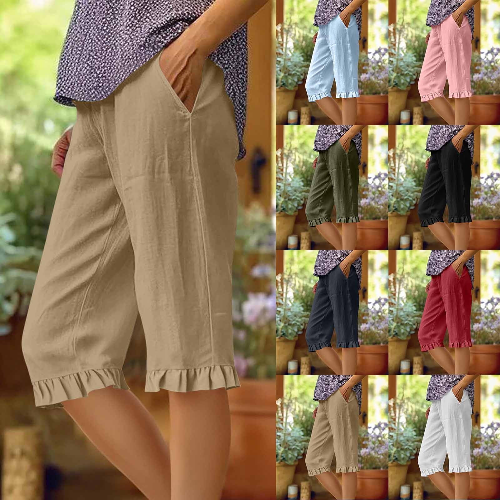CFLVAEK Cotton Linen Capris for Women with Pockets Casual Summer Wide ...
