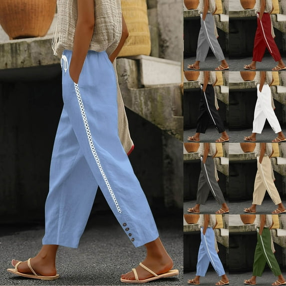 CFLVAEK Cotton Linen Pants for Women Patchwork Wide Leg Baggy Pant with ...