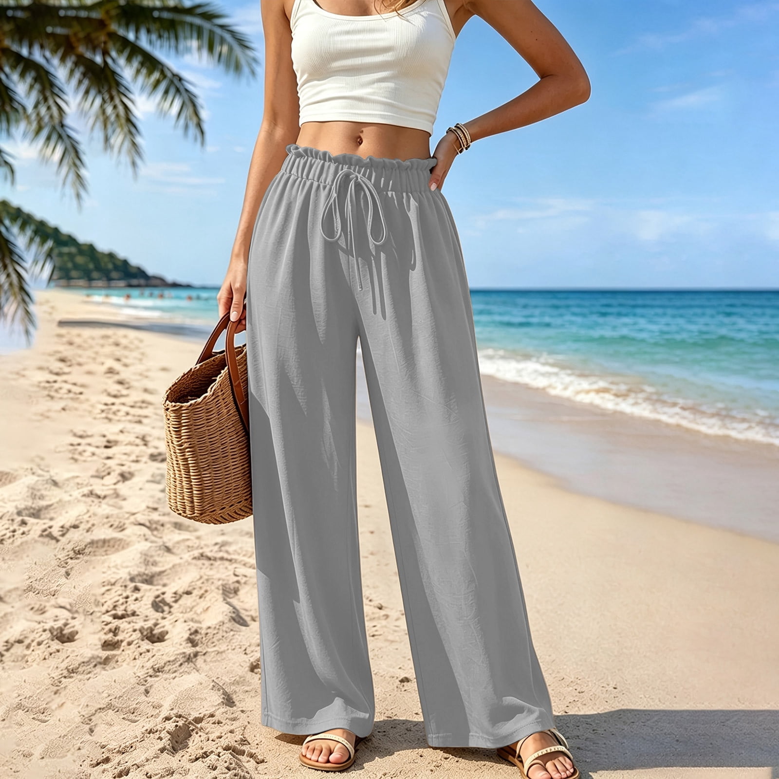 CFLVAEK Cotton Linen Pants for Women Ruffled Hem Drawstring Waisted ...