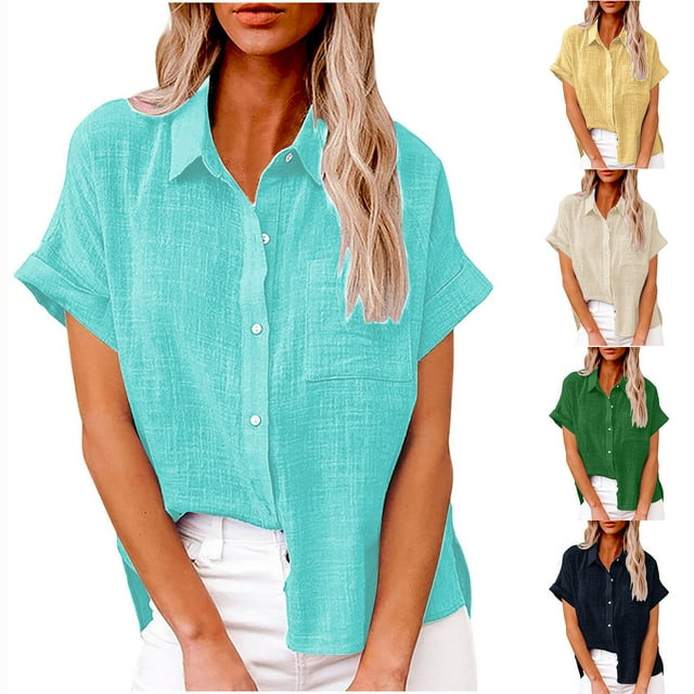 CFLVAEK Cotton Linen Shirts Womens Plus Size Short Sleeve Collared ...