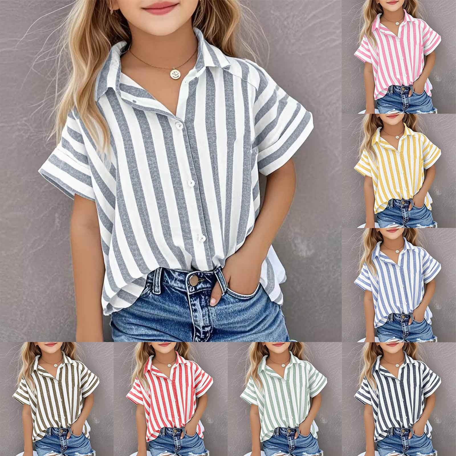 CFLVAEK Cotton Linen Shirts for Kids Girls Cute Short Sleeve Lapel ...