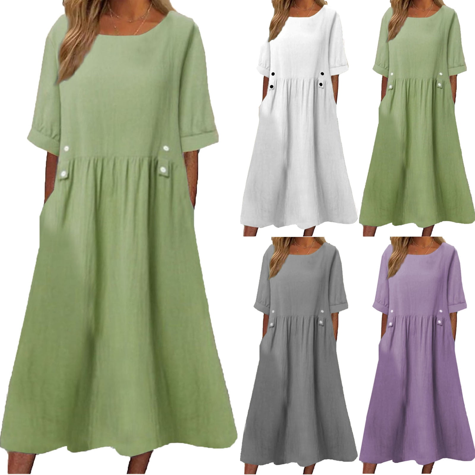 CFLVAEK Cotton Linen Summer Dresses for Women with Pockets Plus Size ...
