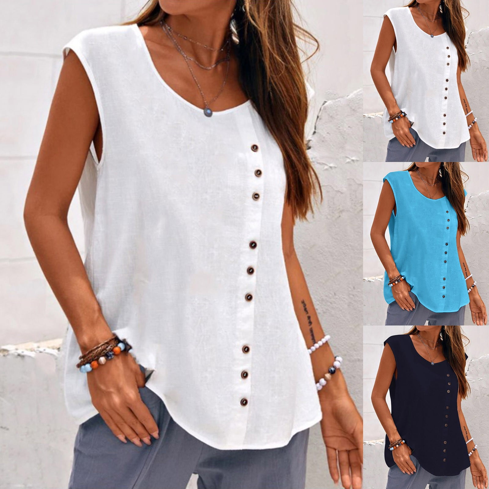 CFLVAEK Cotton Linen Tank Top for Women Plus Size Round Neck Vacation ...