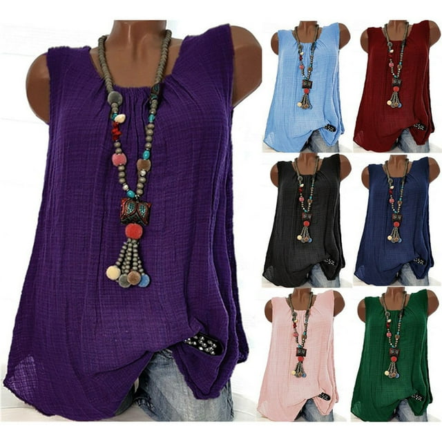 Cflvaek Cotton Linen Tank Tops For Women Plus Size Crewneck Pleated Top