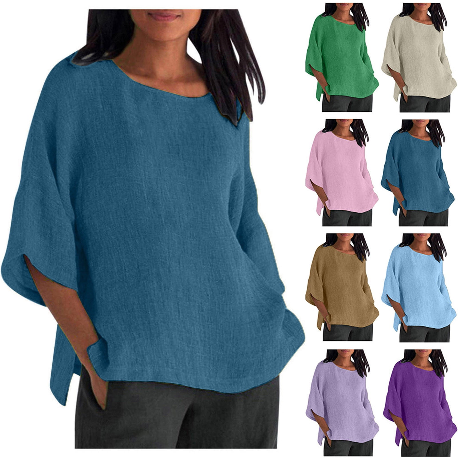 CFLVAEK Cotton Linen Tops for Women Plus Size Elbow Length Sleeve ...