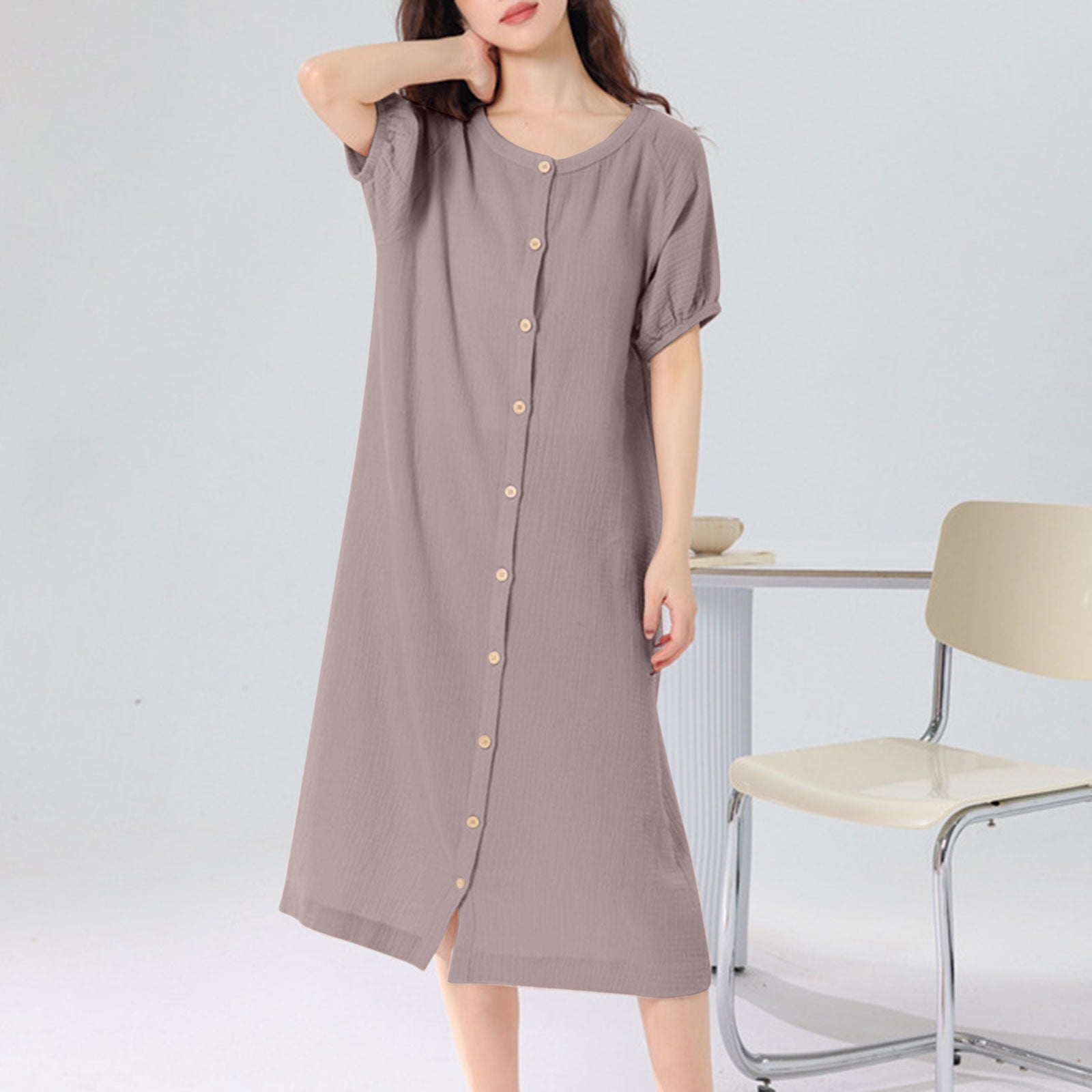 CFLVAEK Cotton Robes for Women Casual Short Sleeve Snap Front House Coat Loose Fit Crewneck ...