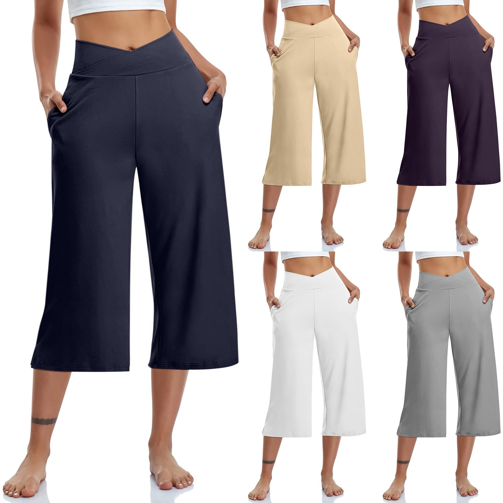 CFLVAEK Cross Waist Yoga Pants Plus Size Wide Leg Lounge Workout Capri ...