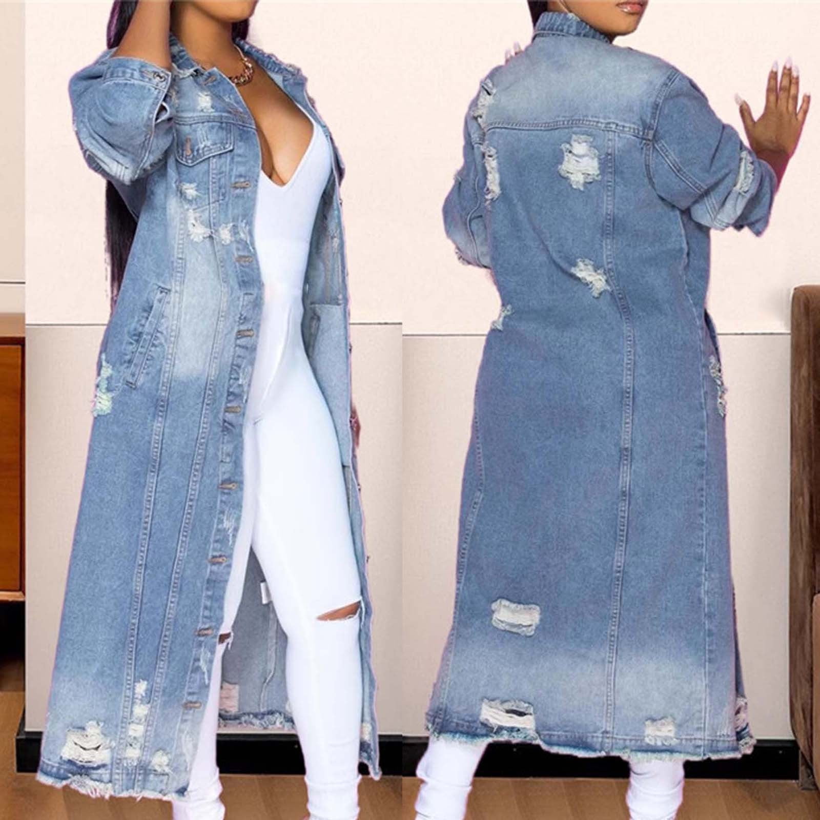 CFLVAEK Denim Long Jackets for Women Trendy Ripped Fall Coats Plus Size ...