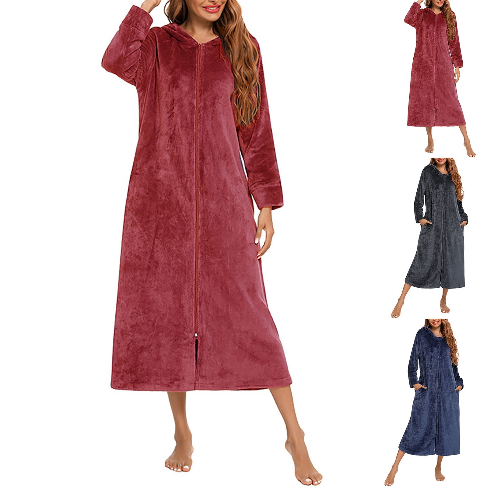 CFLVAEK Flannel Robes for Women with Hood Soft Plush Zipper Robe Cozy ...