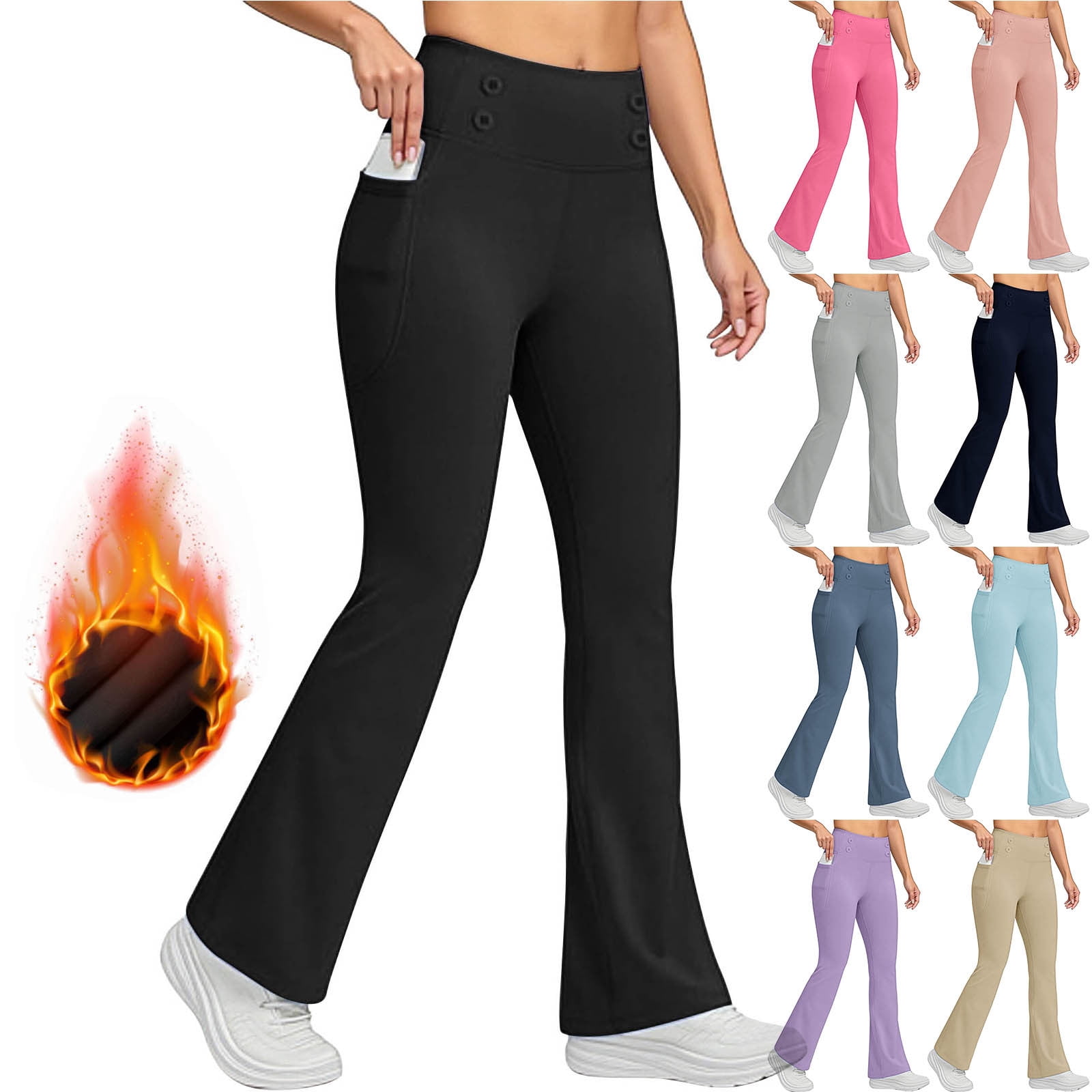 CFLVAEK Fleece Lined Leggings for Women Flare with Pockets Thermal Warm ...