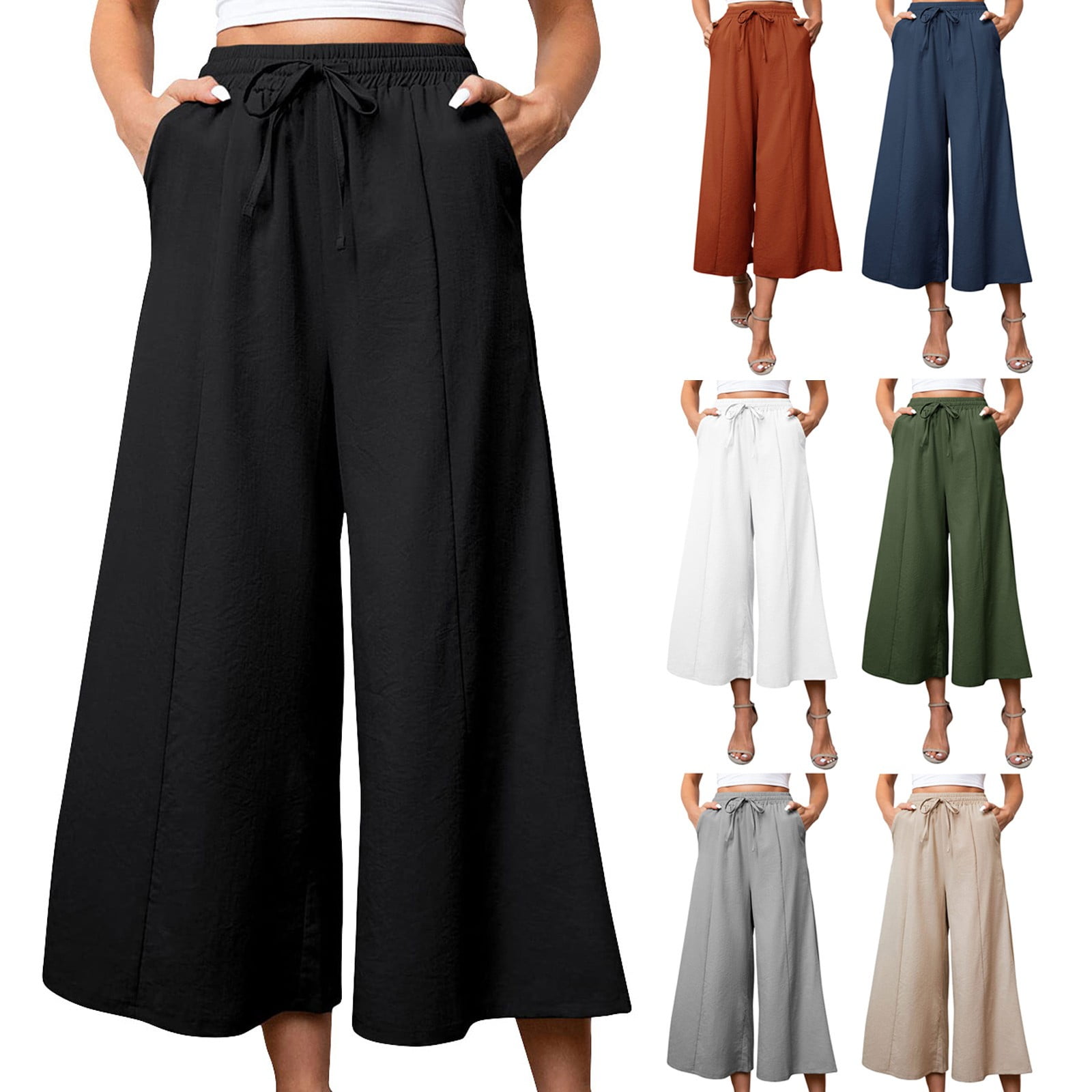 CFLVAEK Flowy Capri Pants for Women Dressy Casual Wide Leg Capris with Pockets Comfy Drawstring ...