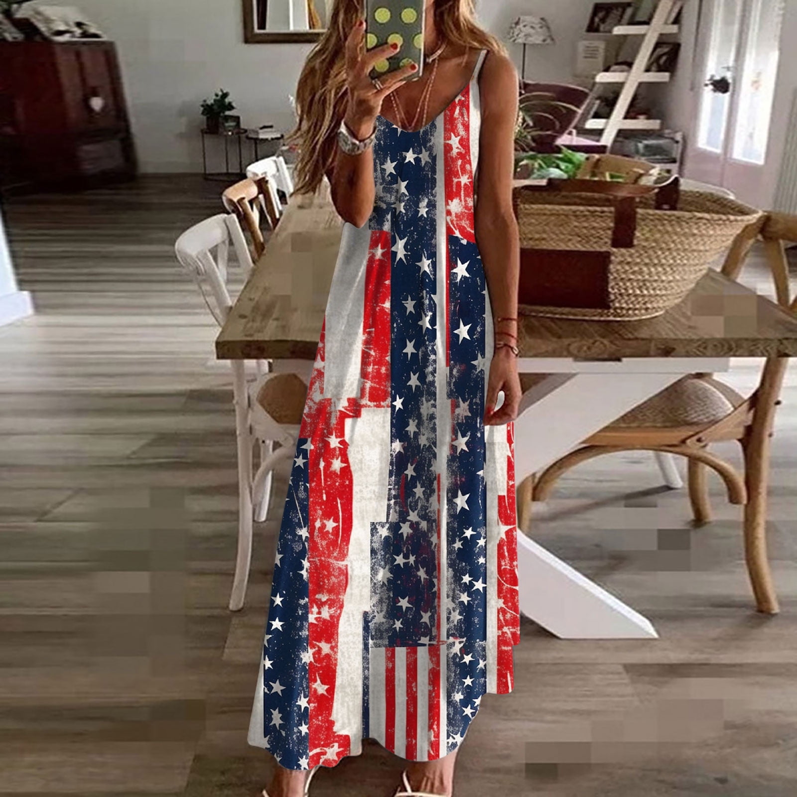 CFLVAEK Fourth of July Dresses for Women Plus Size Spaghetti Straps Cami Maxi Dress Patriotic ...