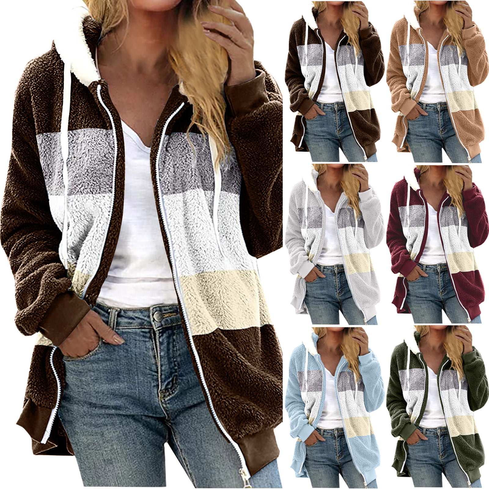 CFLVAEK Fuzzy Fleece Jackets for Women Plus Size Warm Sherpa Hoodies Color Block Print Full Zip ...