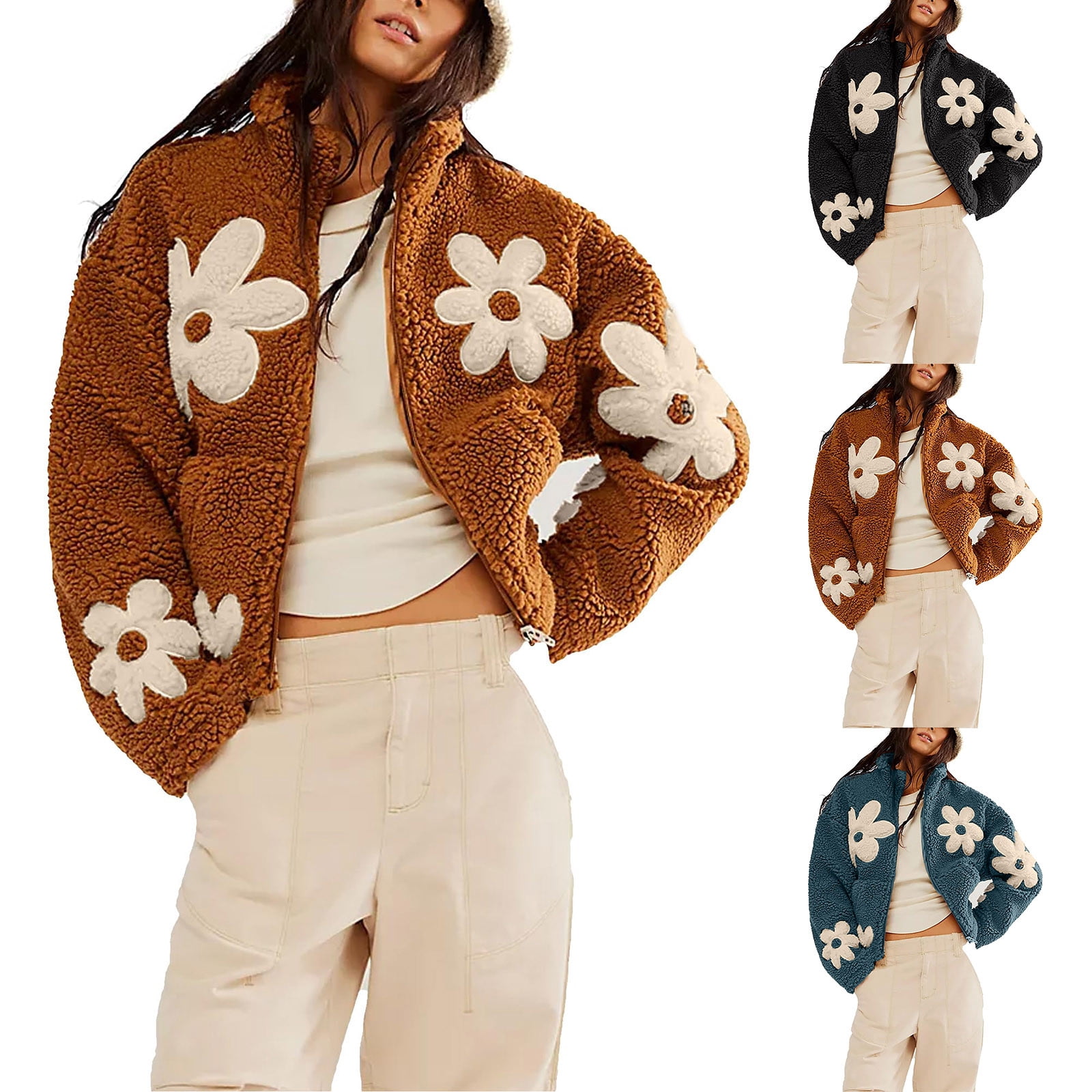 CFLVAEK Fuzzy Fleece Jackets for Women Fall Winter Zip Up Jackets Warm ...