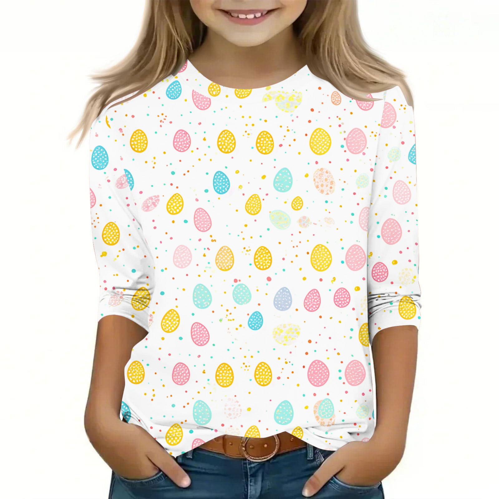 CFLVAEK Girls Easter Holiday Shirts Easter Eggs Print T Shirts Comfy 3/ ...