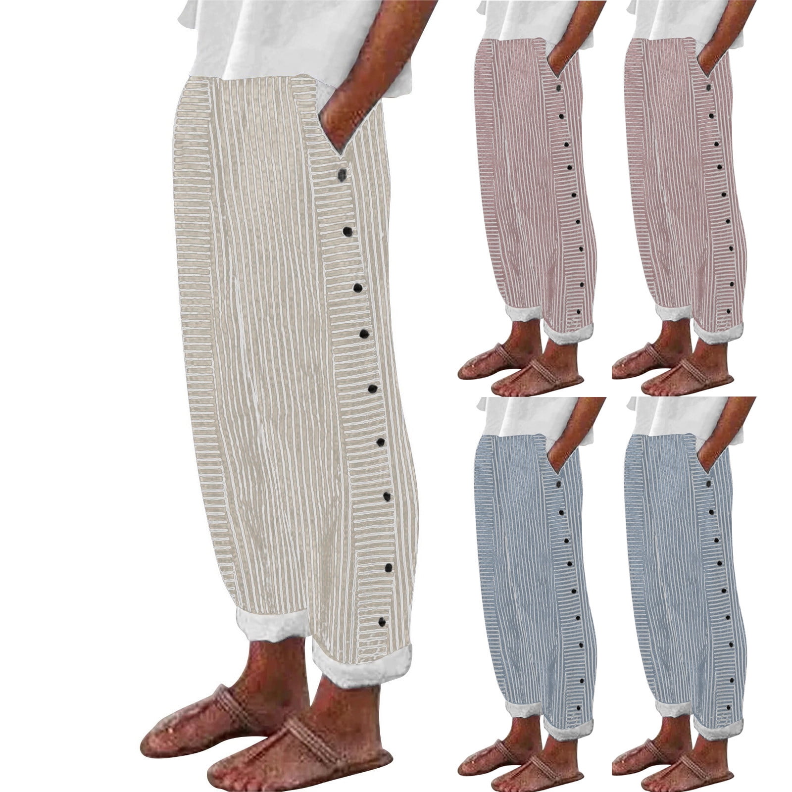 CFLVAEK Linen Pants Women Plus Size Striped Wide Leg Pant Casual Summer ...