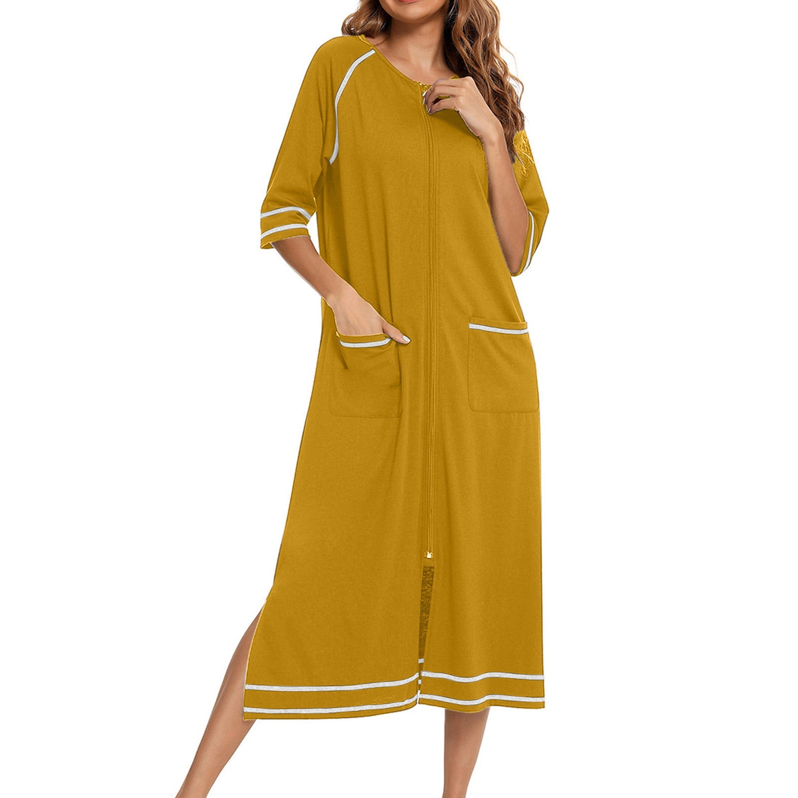 Cflvaek Long Robes For Women Casual 34 Sleeve House Coats Lightweight Zipper Front Nightgowns