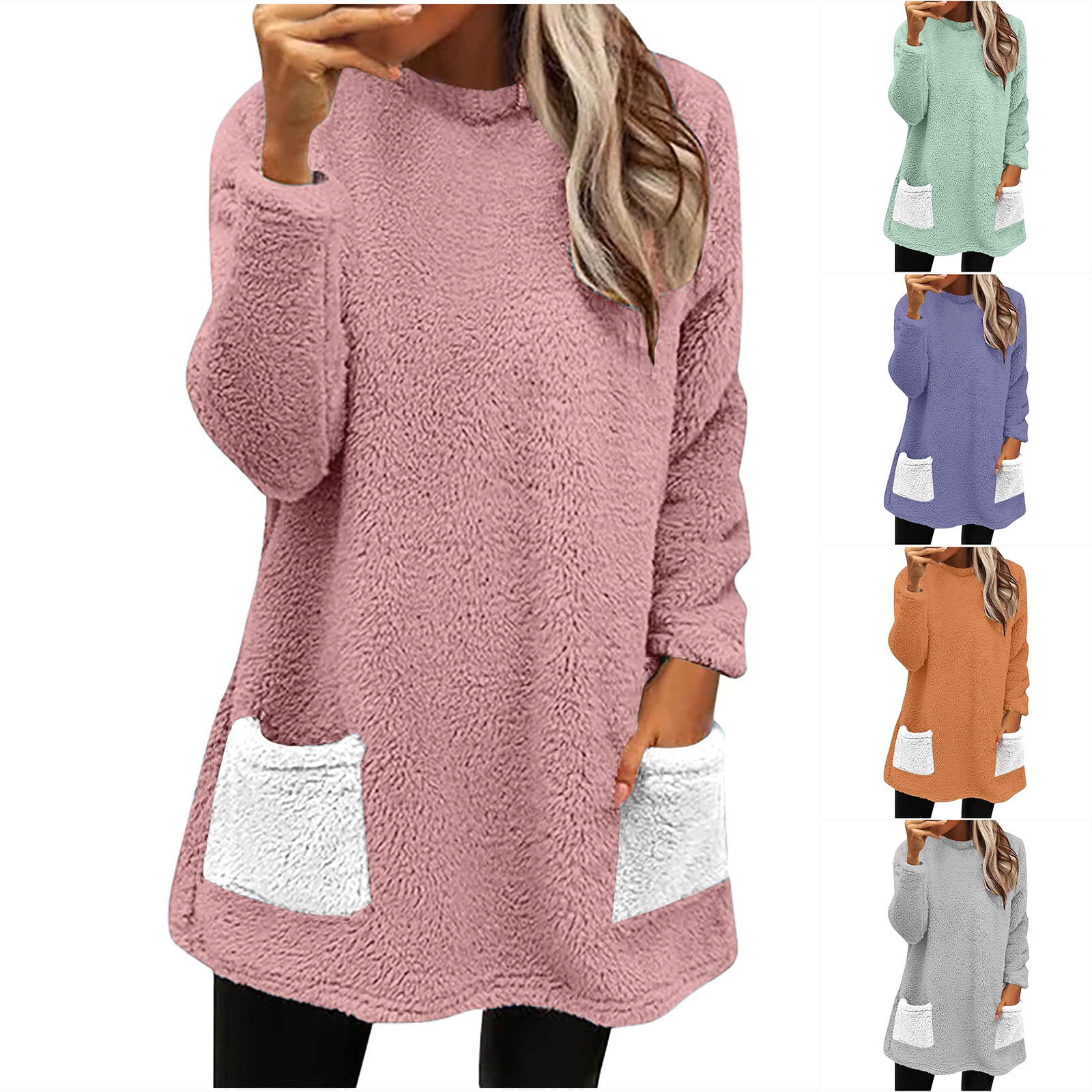 CFLVAEK Long Sweatshirts for Women Fuzzy Sherpa Fleece Pullovers with ...