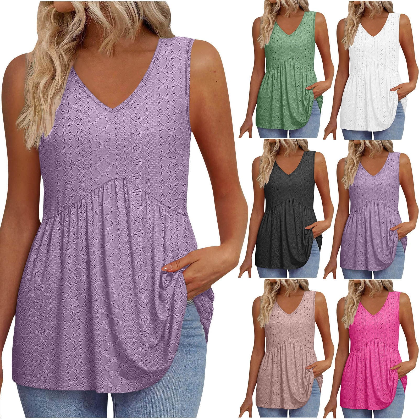 CFLVAEK Long Tank Top for Women Elegant Ruffled Hem Tops Casual Eyelet ...