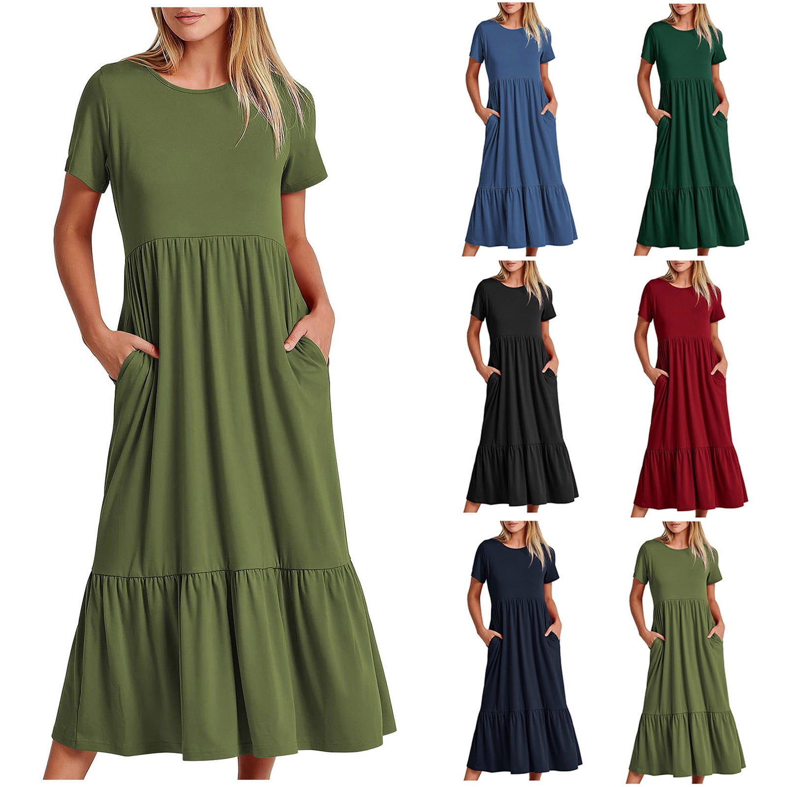 Cflvaek Maxi Dress For Women Casual Short Sleeve Summer Dress Loose Crewneck Tiered Long Dress