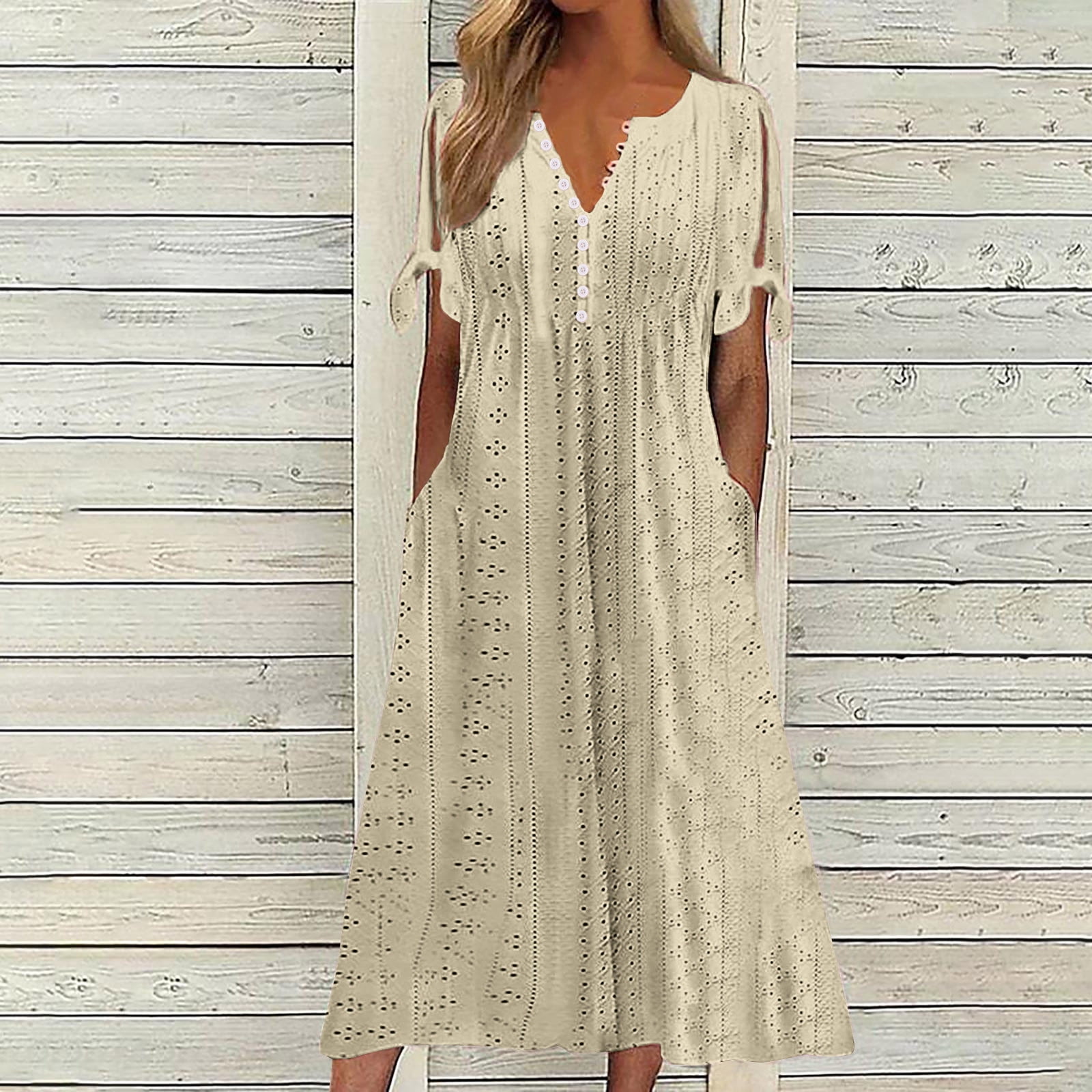CFLVAEK Maxi Long Dresses for Women Trendy Short Sleeve Eyelet Tshirt ...