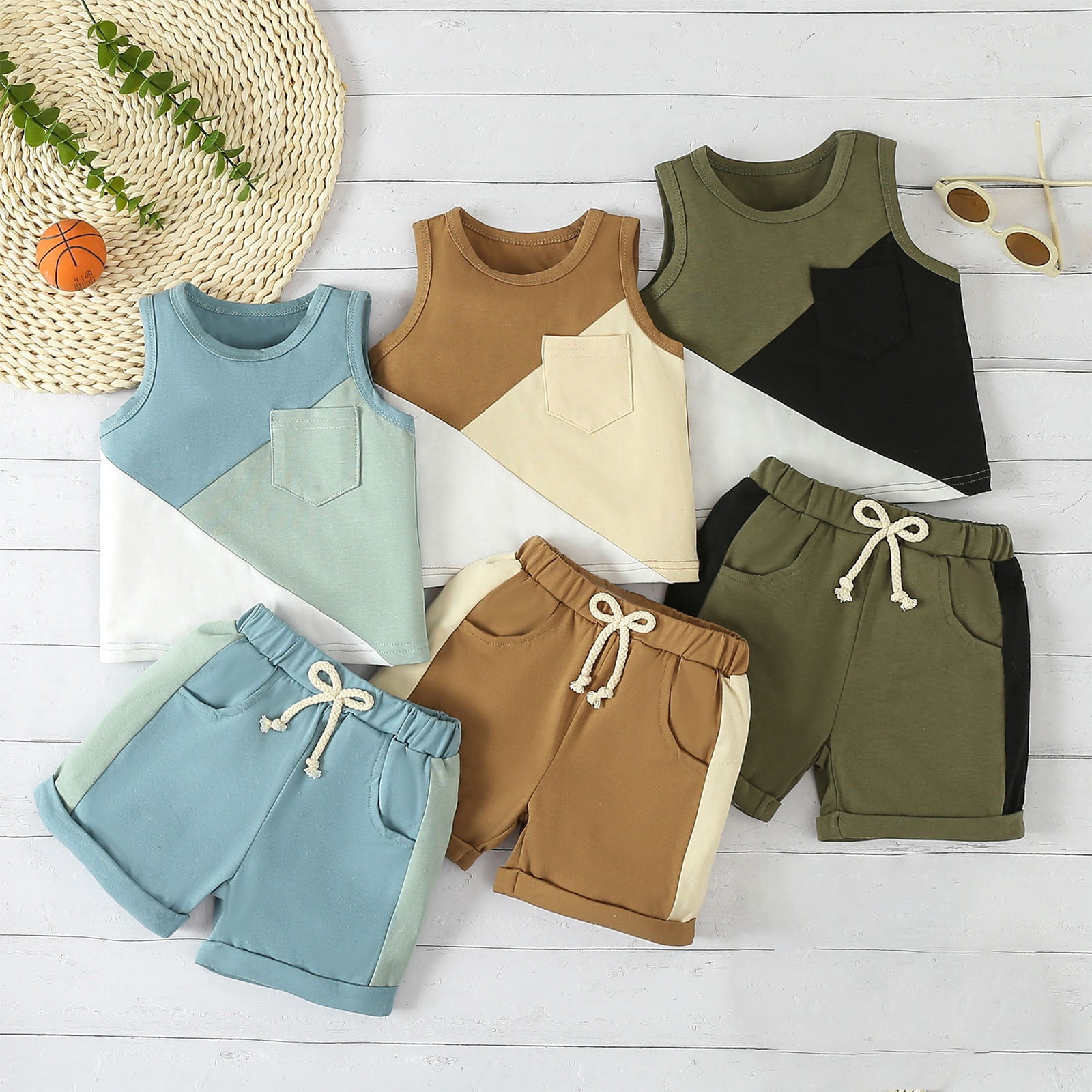 CFLVAEK Outfit Set for Kids Color Blocked Sleeveless Crewneck Tank Tops ...
