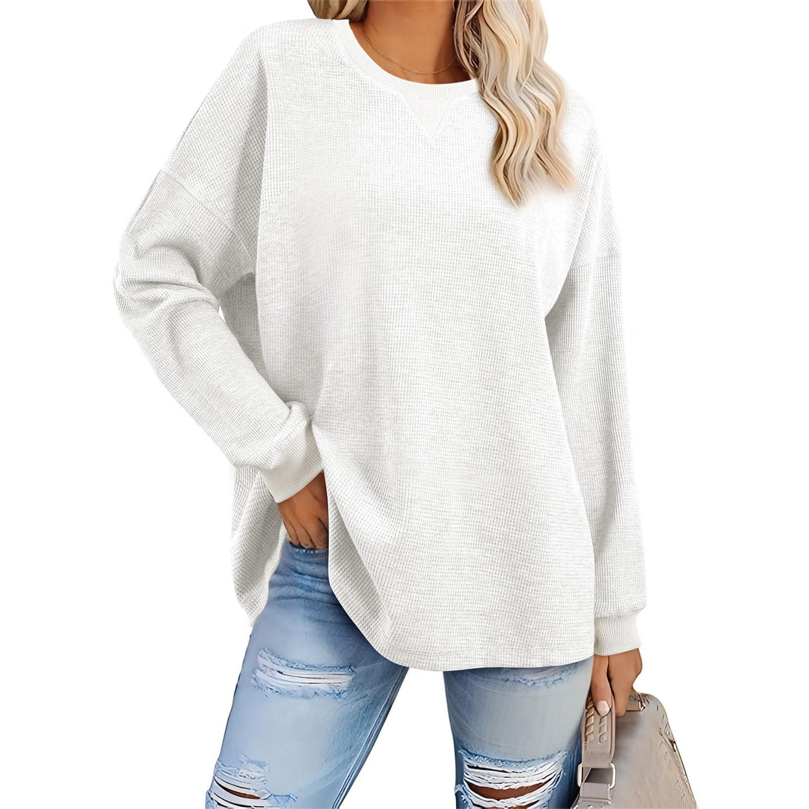 CFLVAEK Oversized T Shirts for Women Casual Long Sleeve Waffle Knit ...